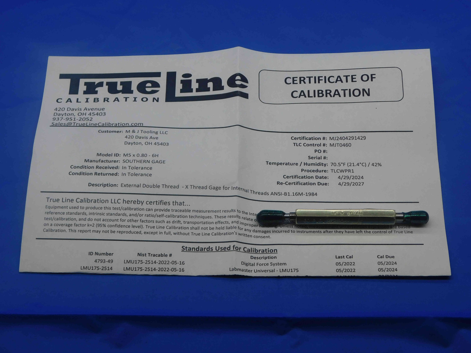 CERTIFIED M5 X .8 6H THREAD PLUG GAGE 5 0.8 GO NO GO P.D.'S = 4.480 & 4 ...