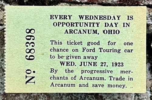 VINTAGE 1923 FORD TOURING CAR DEALERSHIP RAFFLE TICKET STUB IN ARCANUM ...