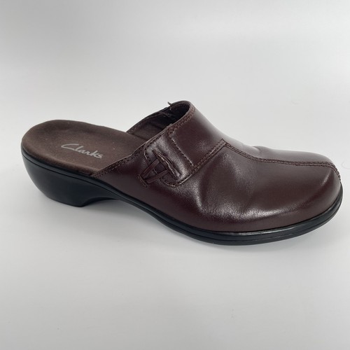 Clarks Split Toe Stitched Brown Leather Slip On Clogs Mules Women's ...