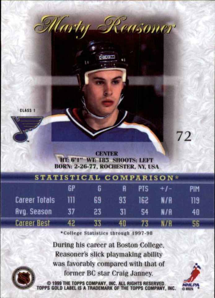1998-99 Topps Gold Label Class 1 Blues Hockey Card #72 Marty Reasoner ...