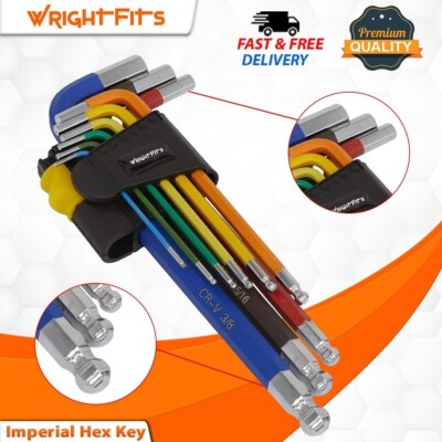 Ball End Hex Key Set 9pcs Long Arm Colour Coded Imperial Hexagon Allen ...