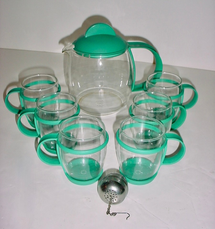 Jenaer Glas Glaswerk Glass w Aqua / Teal Blue Coffee Tea Pot & 6 Cups ...