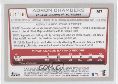 2012 Bowman Blue Border /500 Adron Chambers #207 Rookie RC | eBay