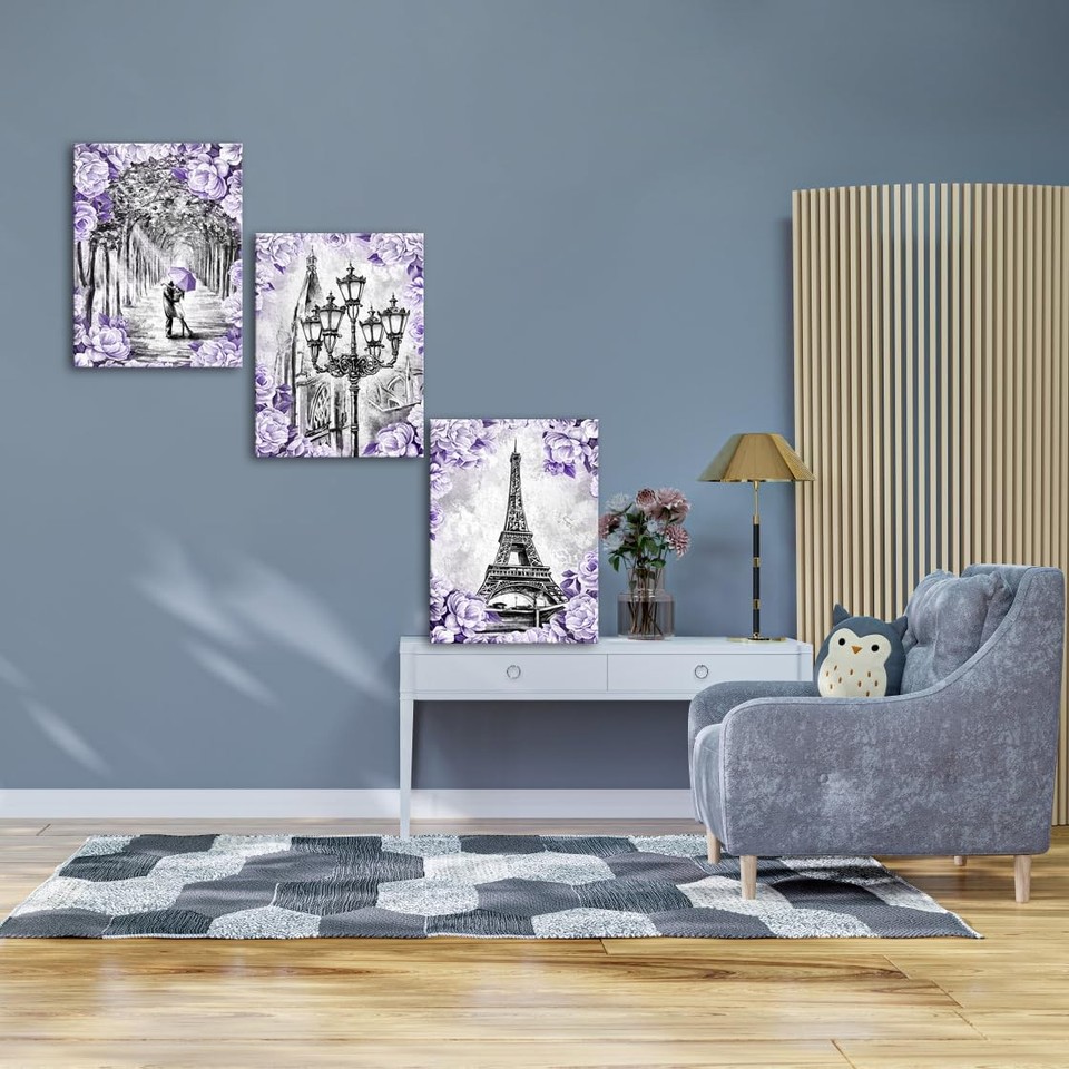 Purple Grey Wall Art Paris Eiffel Tower Street Landscape Paintings ...