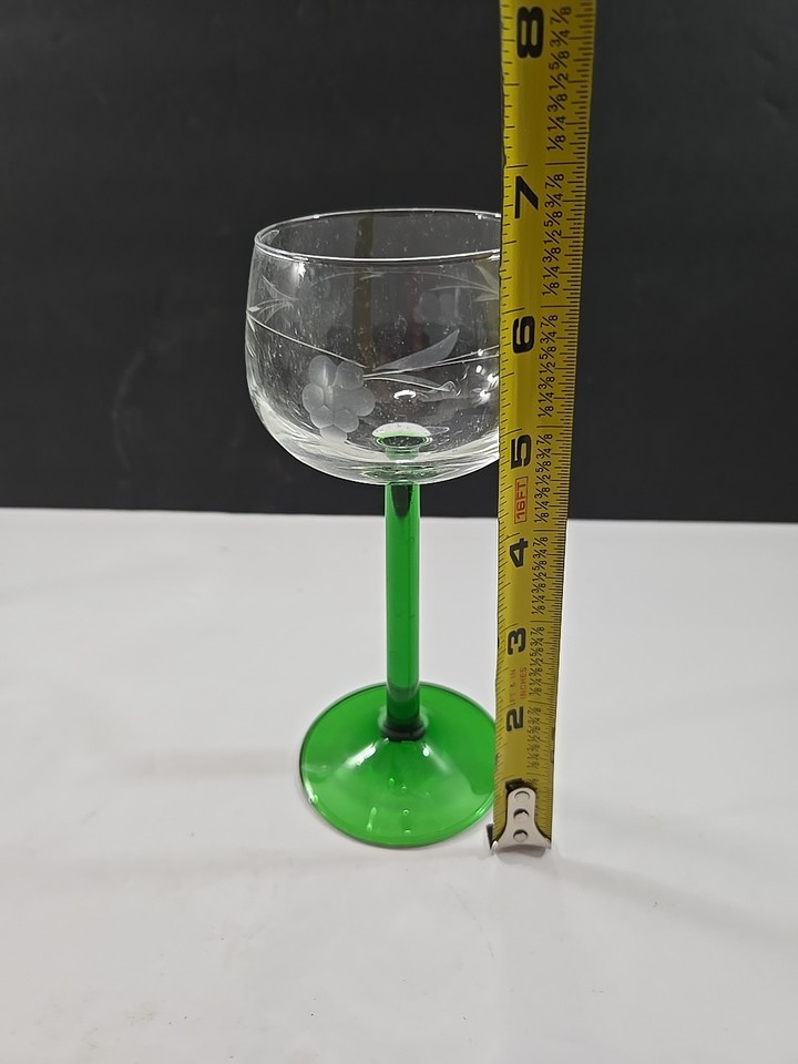 Emerald Green Stemmed Rhine Wine Glass Clear Etched Floral 6 3/8" | eBay