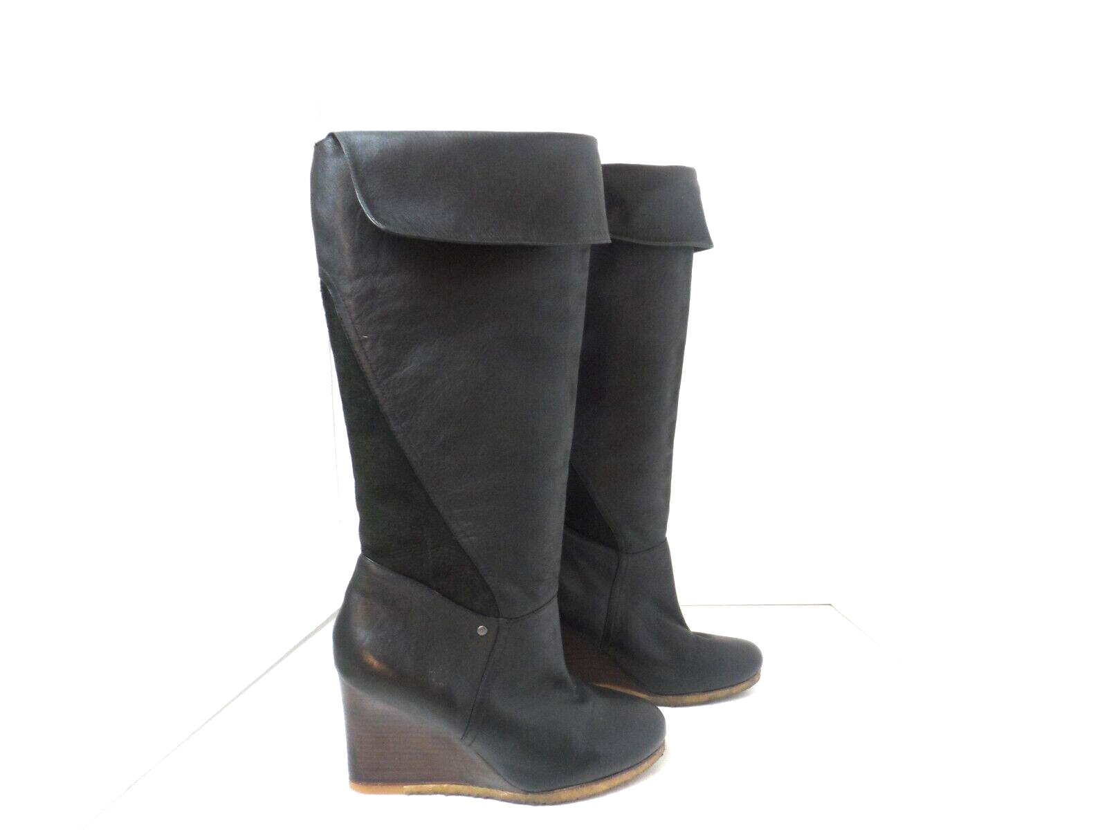 UGG Ravenna Women's Black Leather Sheepskin Tall Wedge Boots 3200 ...