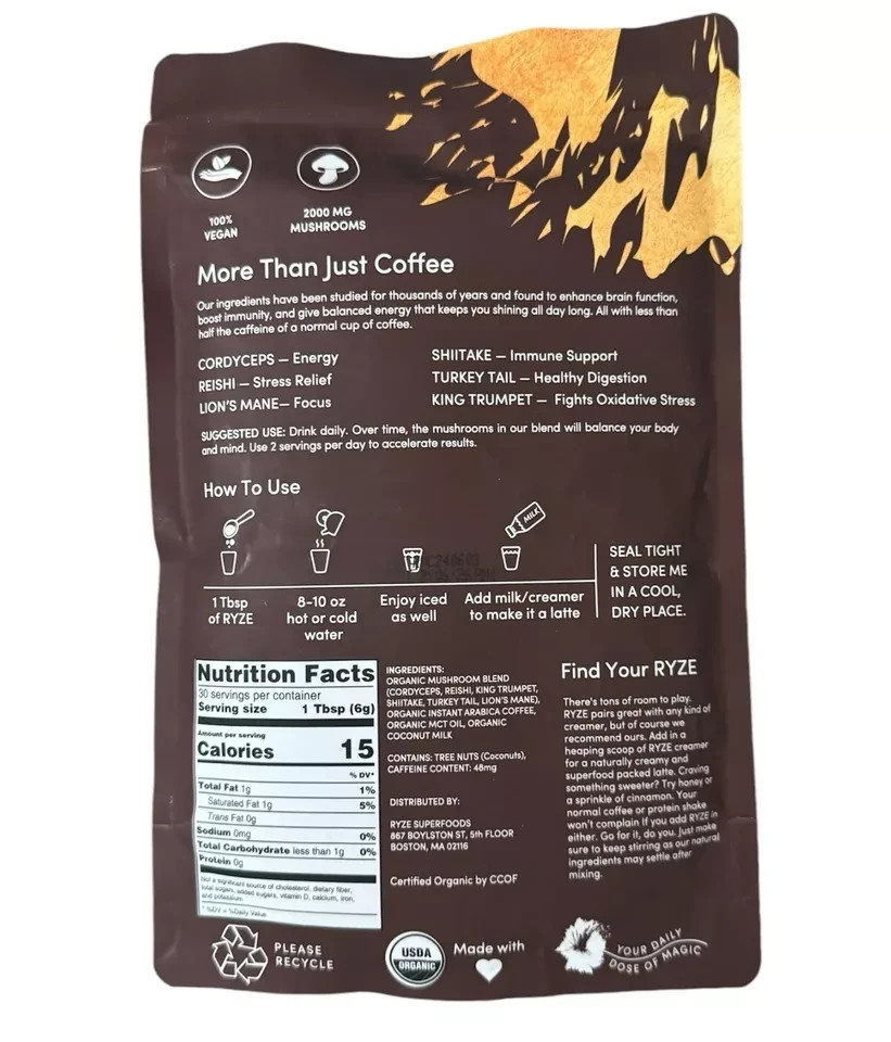 4 Pack Ryze Organic Mushroom Coffee W/ 1 RYZE Spoon 100% Authentic FREE ...