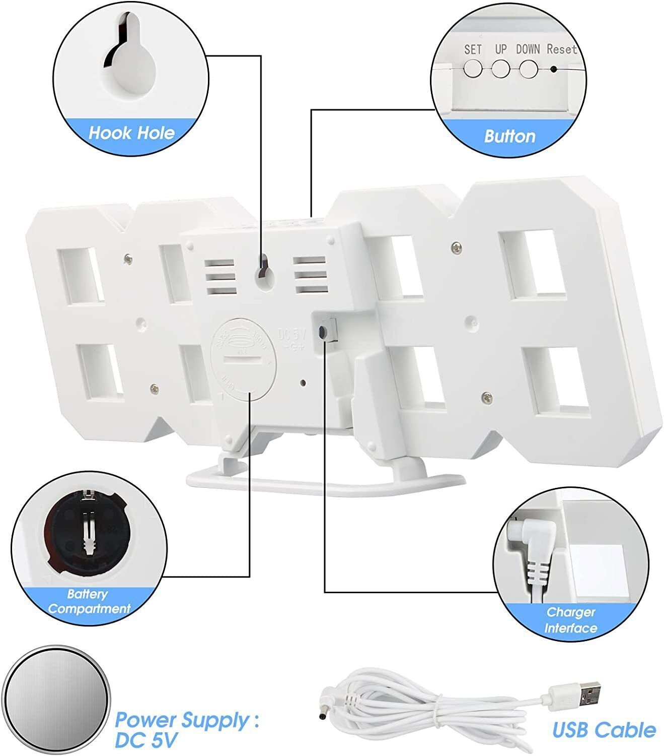 USB Digital 3D LED Big Wall Desk Alarm Clock Snooze Auto Brightness ...