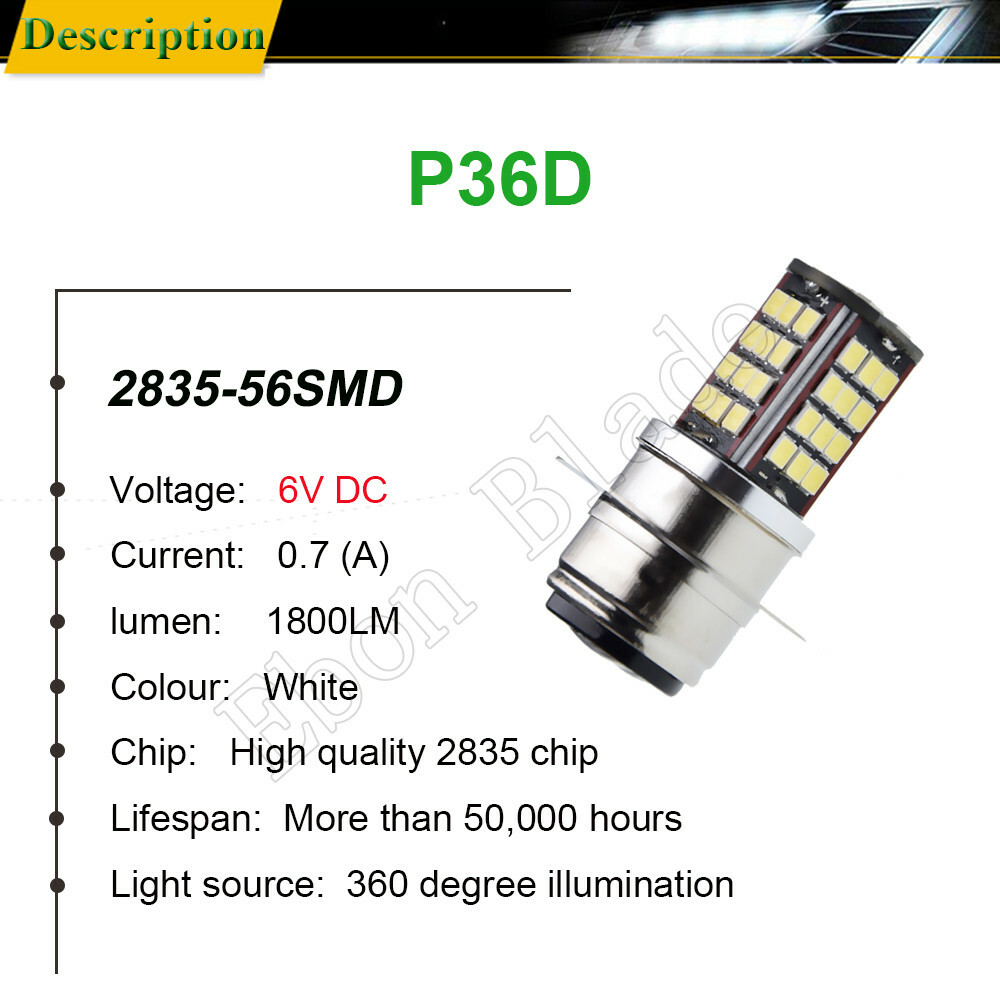 2x P36D 2835 56SMD LED White Headlight High/Low Beam Light Bulb 6V DC ...
