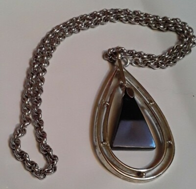 Retro Sarah Cov Silver Woven Chain 18" Teardrop Necklace Black Triangle ...