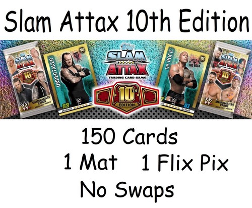 Topps WWE Slam Attax 10th Edition 150 cards + 1 Mat Relic + Flix Pix NO ...