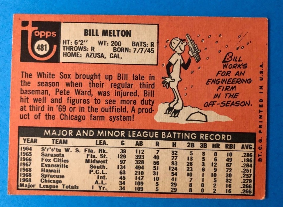 1969 TOPPS Bill Melton #481 Chicago White Sox Baseball Card | eBay