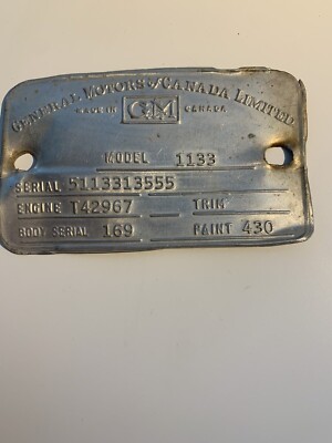 RARE VINTAGE GENERAL MOTORS CANADA LTD GM CHEVROLET SERIAL ID TAG PLATE ...