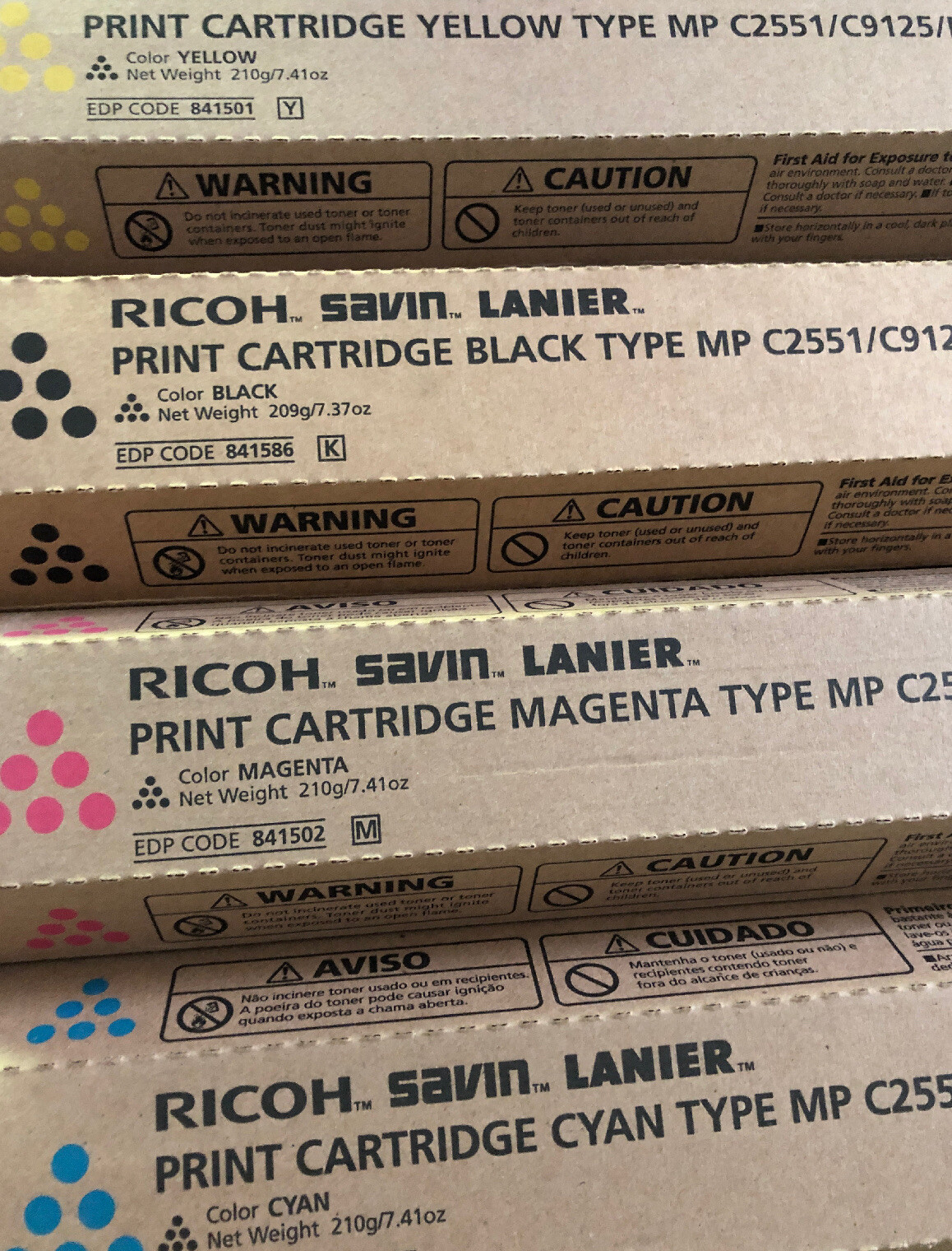 Ricoh Savin Lanier Print Cartridge Set C2551-B 841586,Y 841501,C 841503 ...