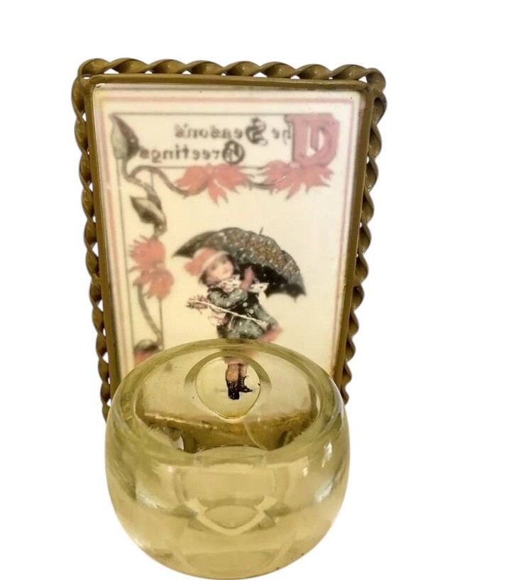 Rare VTG Victorian Christmas Tea Light Holder Seasons Greetings Frosted ...