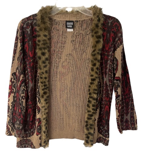 Sharon Young Sweater Womens S Cheetah Print Fur Trim Paisley Open Front ...