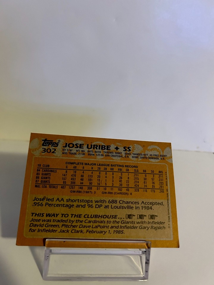 1988 Topps #302 Jose Uribe Baseball Card - Multiple Errors | eBay