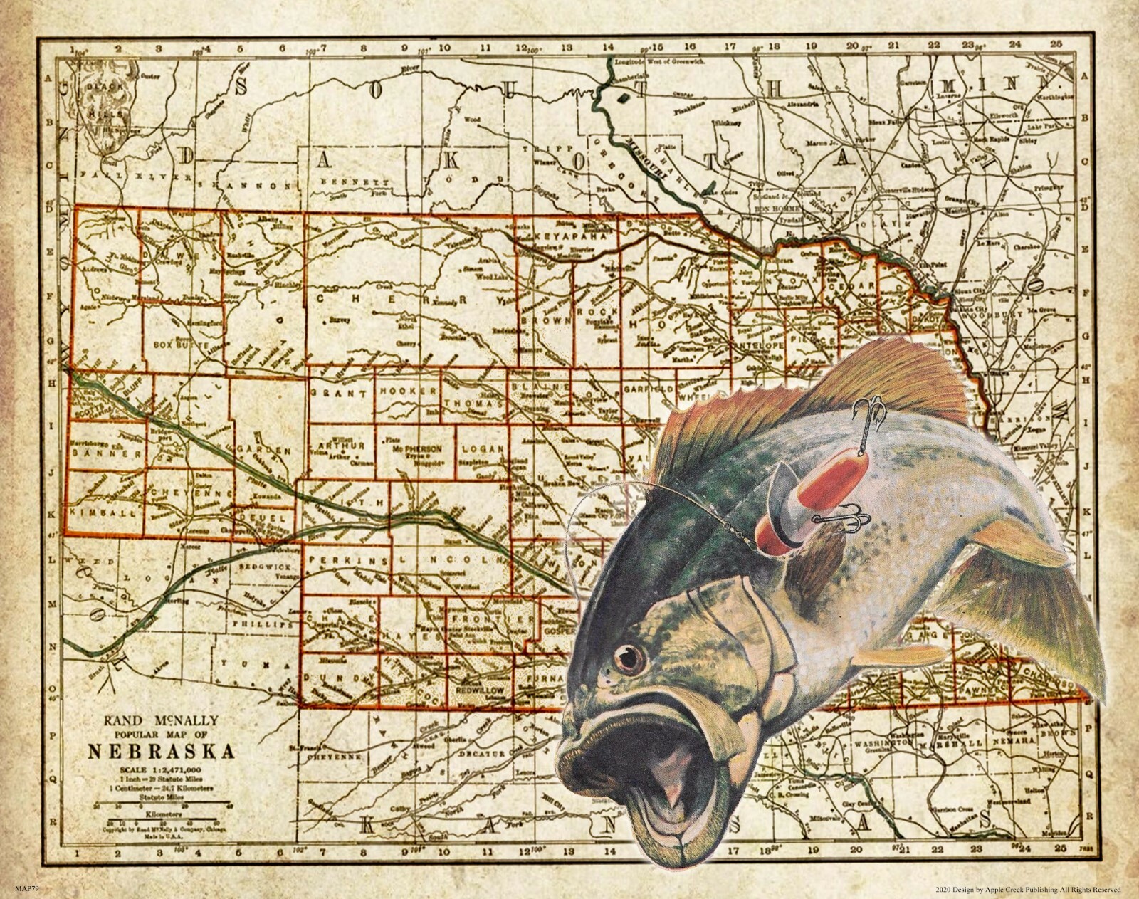 Largemouth Bass Fishing Nebraska State Map Art Print Vintage Lures Wall ...