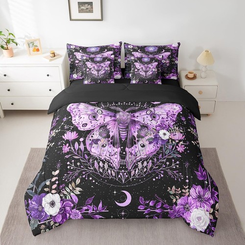 Purple Death Moth Bedding Set with Comforter, Boho Moth Comforter King ...