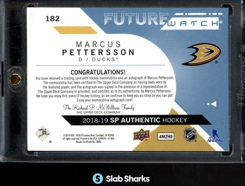 2018 UD SP AUTHENTIC #182 MARCUS PETTERSSON FUTURE WATCH AUTO PATCH RC ...
