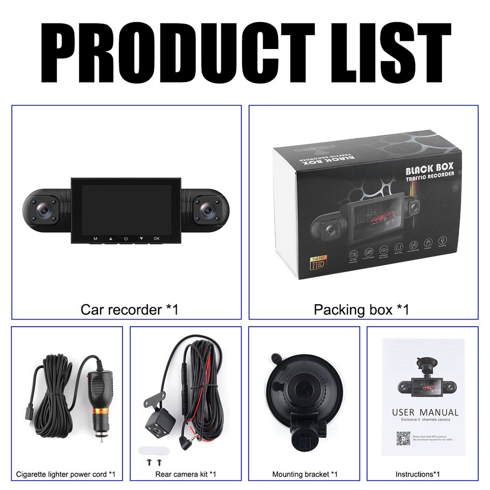 Dash Cam HD 1080p Car 4 Camera Front/Rear/Inside Video Recorder Camera ...