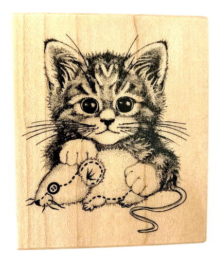 Tabby Kitten Cat with Toy Mouse Rubber Stamp Wood Mount PSX 2x2.25 ...