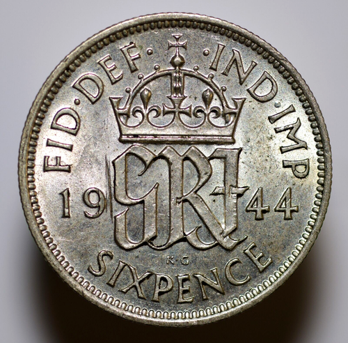 1944 UK 6 Pence George VI 50% Silver 19.3mm Coin, KM# 852, FREE ...