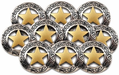 10PC Silver Engraved Texas Ranger Gold Star Conchos 1-1/8" Screw Back ...