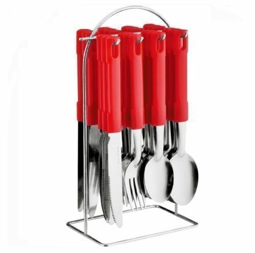 24 PC CUTLERY SET STAINLESS STEEL RED FORKS SPOONS TEA STAND CARAVAN ...