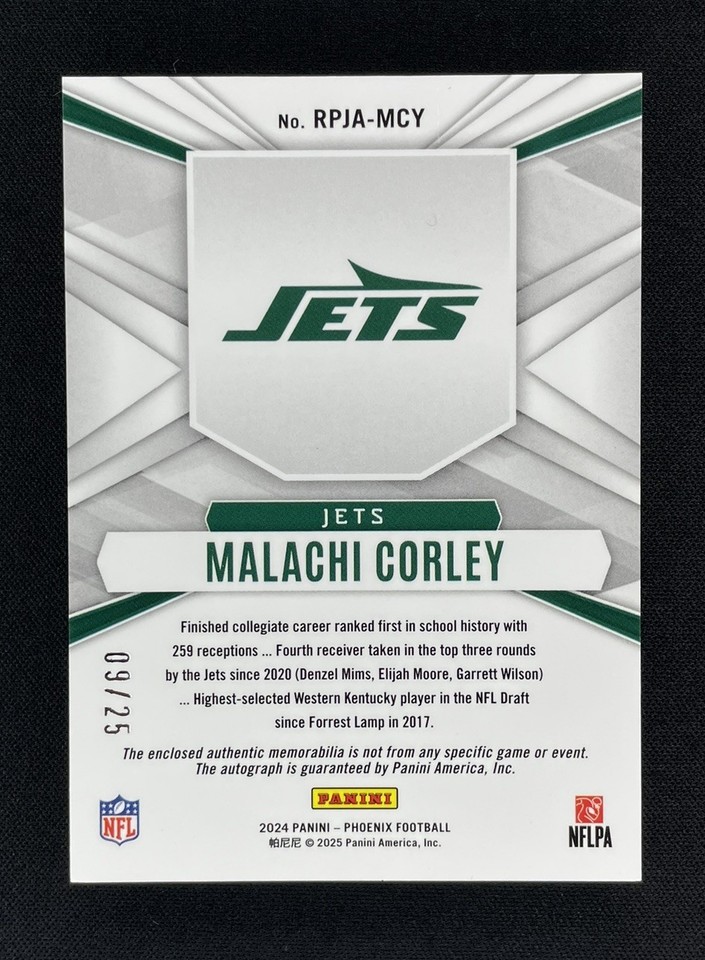 Malachi Corley 9/25 - 2024 Panini Phoenix Rookie Phenom Patch Auto RC ...