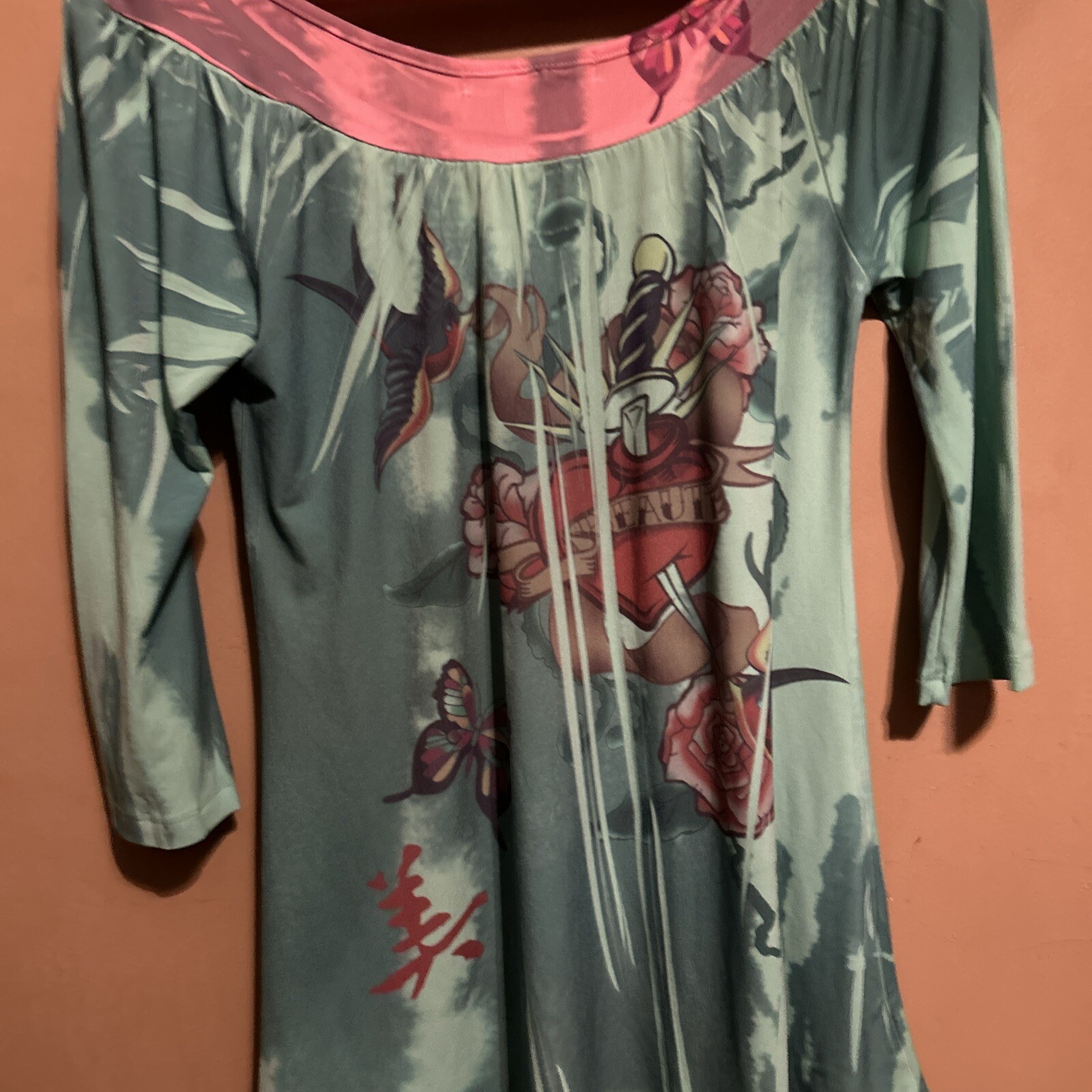 Daniel Benjamin Shirt Women's Large Green Graphic Print Grunge Tattoo ...