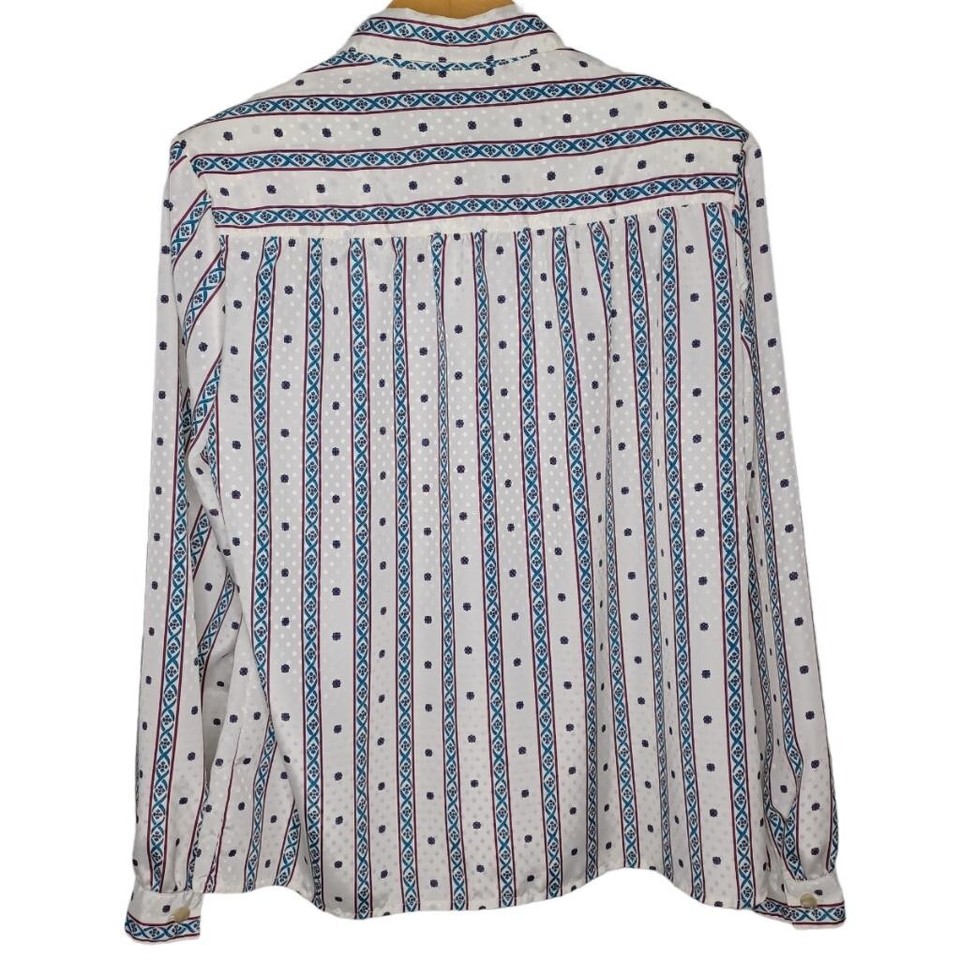 Vintage 80s Pykettes White Patterned Blouse Career Shirt Shoulder Pads ...