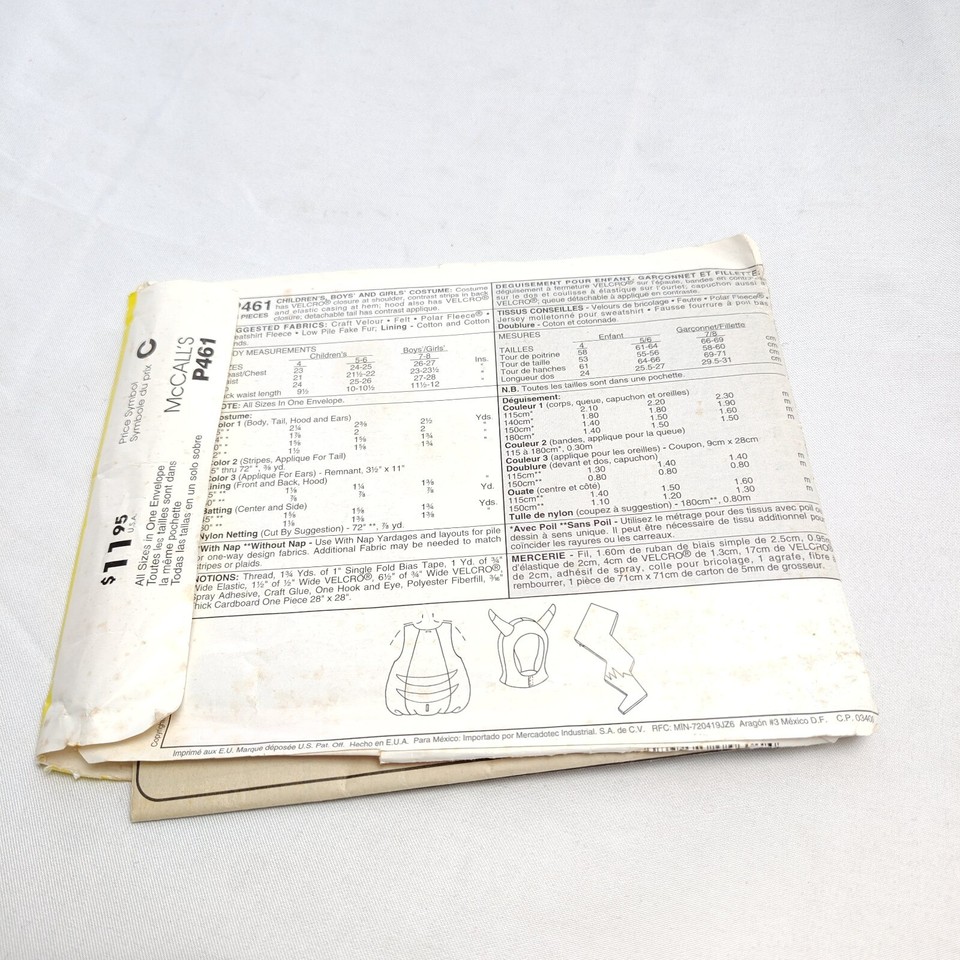 McCalls P461 Pokemon Pikachu Costume Pattern Kids Sizes 4-8 Vintage 90s ...