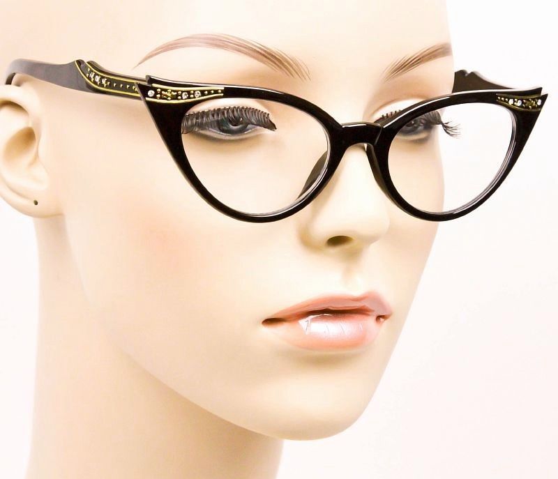 Slim Cat Eye BLACK Clear Crystals Sexy RETRO PInUP WaYfe Eyeglasses ...