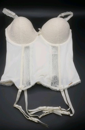 Ivory Lace Strapless Padded Wired Boned Basque Corset Suspenders UK 32D ...