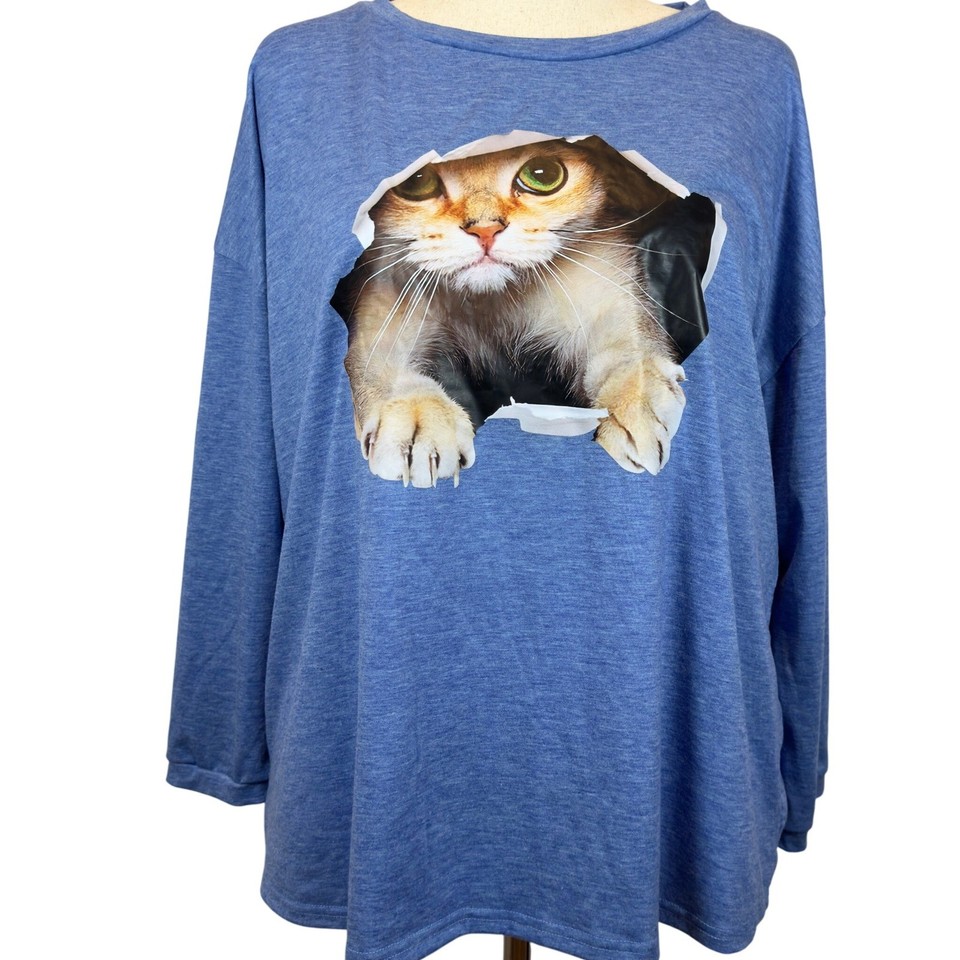 Shekka Blue Long Sleeve Crew Neck 3D Graphic Cat Print Tee Women's XL ...