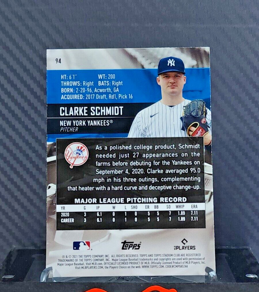 Clarke Schmidt 2021 Stadium Club ROOKIE #94 - Yankees RC | eBay