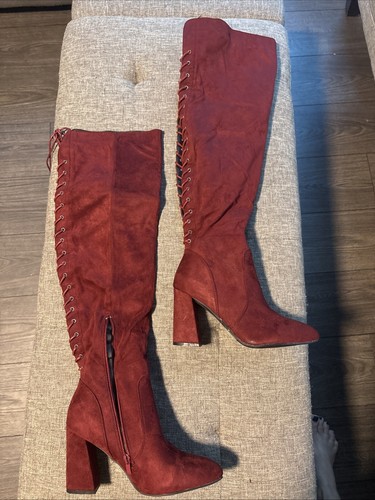 Womens Thigh High Lace Up In Back Red Boots With Heel. Zipper On Side ...