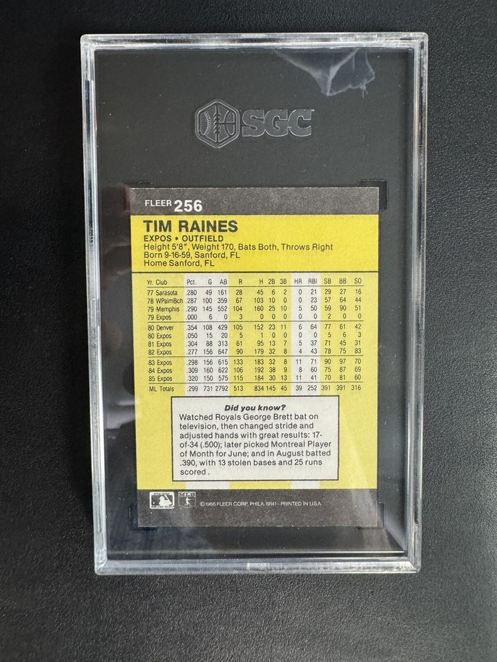 1986 FLEER #256 BVG 8.5 TIM “ROCK” RAINES HOF MON EXPOS— SHARP💥*** (wph ...