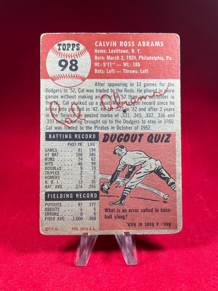 1953 Topps Baseball Card Cal Abrams #98 Pittsburgh Pirates | eBay