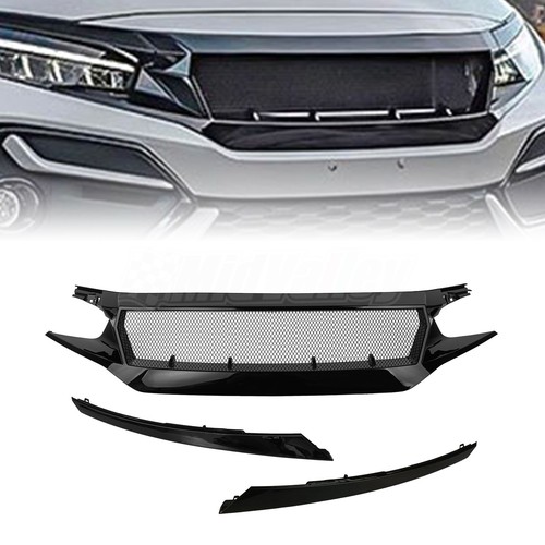 Fits 2016-2021 Honda 10th Gen Civic Glossy Black Mesh Grille Assembly ...