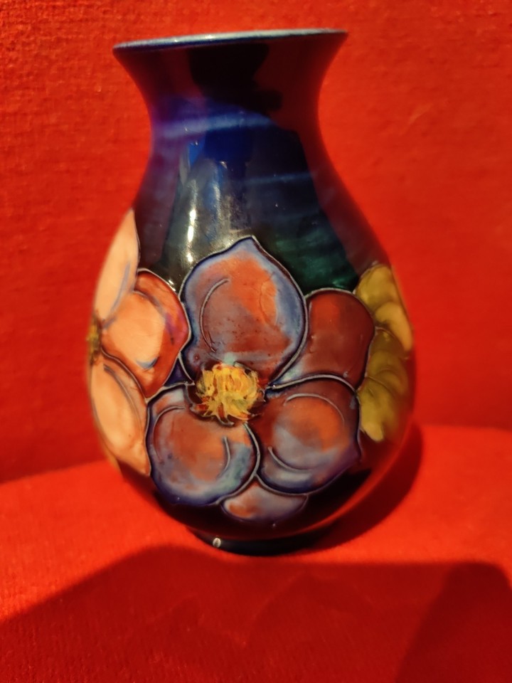 Moorcroft Pottery Clematis 14 CMS Tall Ovoid Vase Rich Dark Blue Floral ...