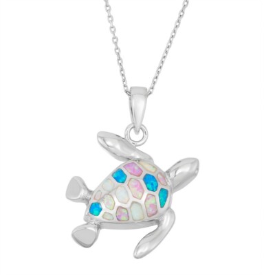 Sterling Silver White, Pink, and Blue Inlay Opal Turtle Pendant | eBay