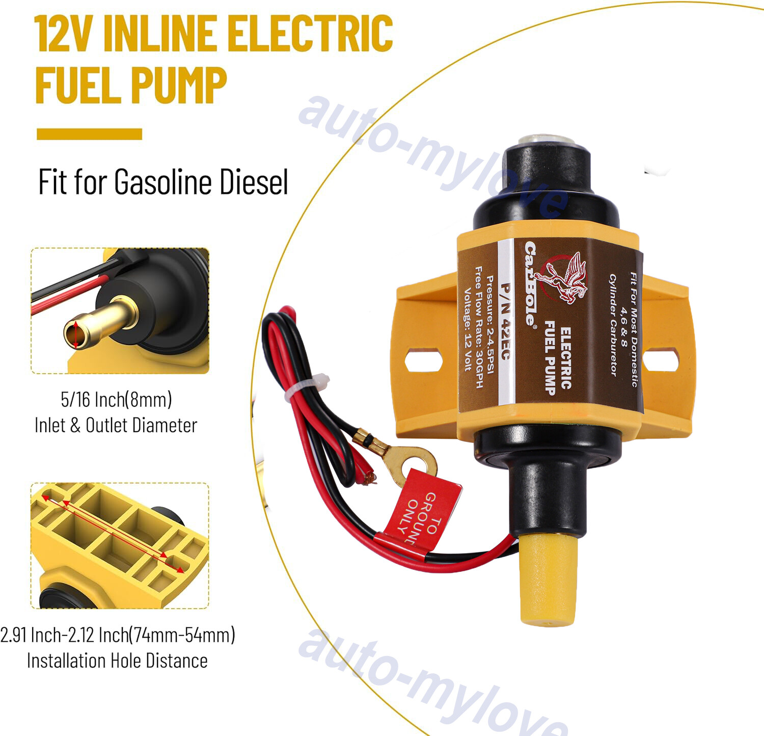 12V Universal Electric Fuel Pump Gasoline 5/16 In. 30GPH 2-4.5 PSI ...