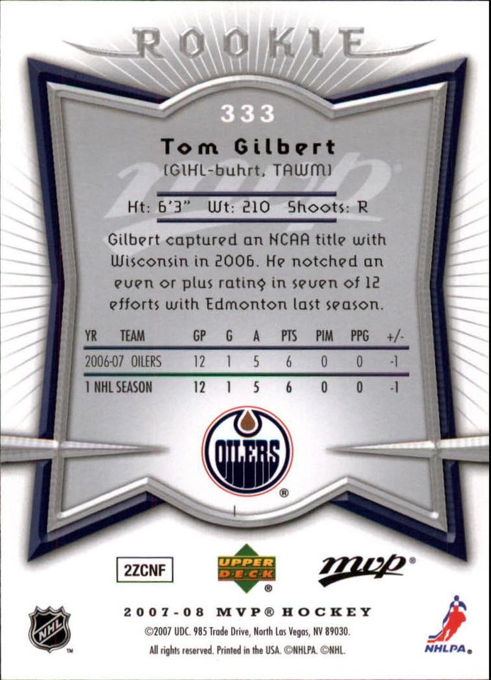 2007-08 Upper Deck MVP Oilers Hockey Card #333 Tom Gilbert RC | eBay