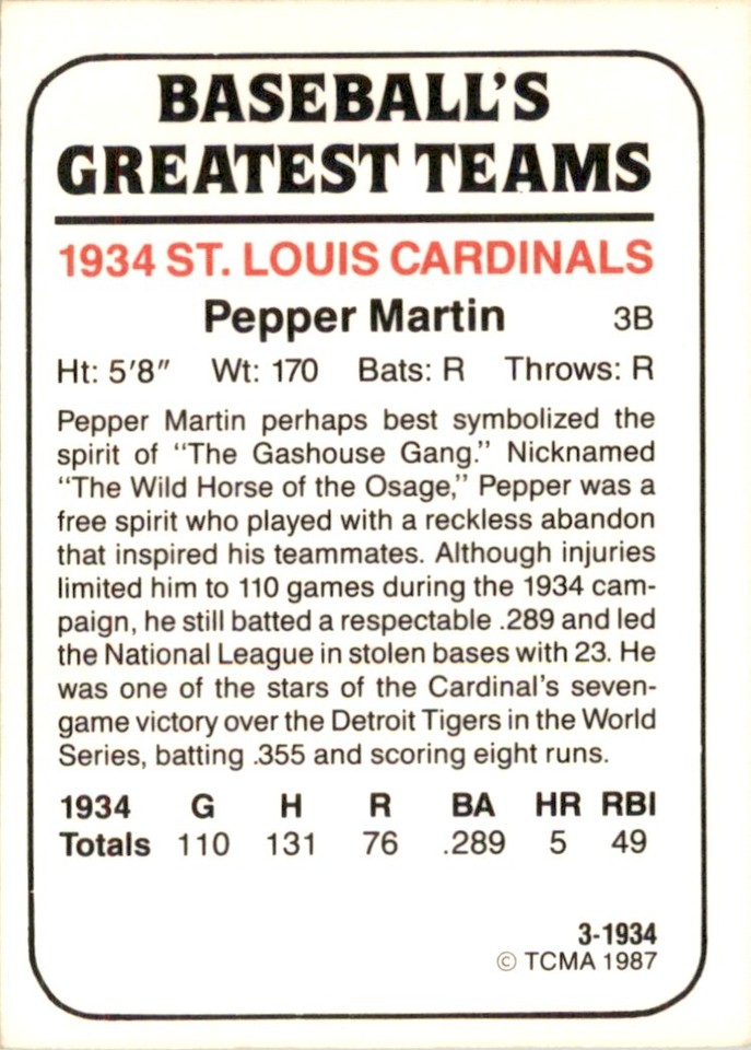 1987 TCMA 1934 St. Louis Cardinals Pepper Martin St. Louis Cardinals #3 ...