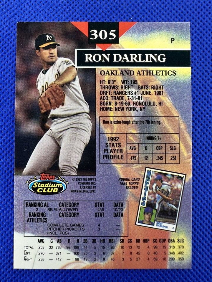 1993 #305 Ron Darling Topps Stadium Club Baseball Oakland Athletics | eBay