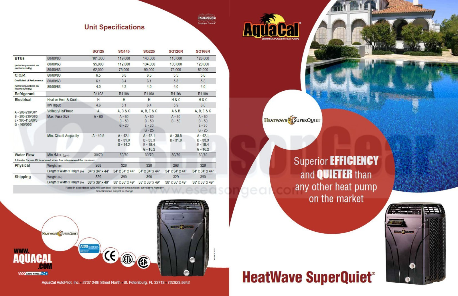 AquaCal SQ125 HeatWave SuperQuiet Heat Pump 101,000 BTU, Pool Heater ...