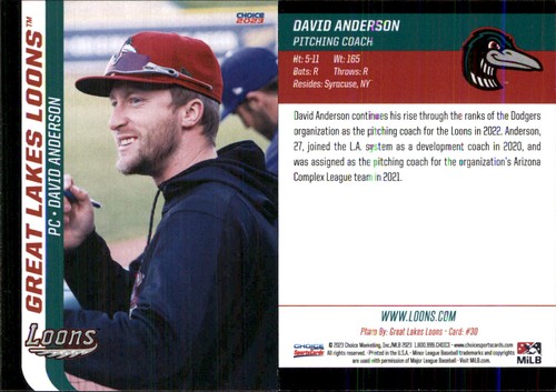 David Anderson 2023 Choice Great Lakes Loons #30 RC *AutographDen* FREE ...
