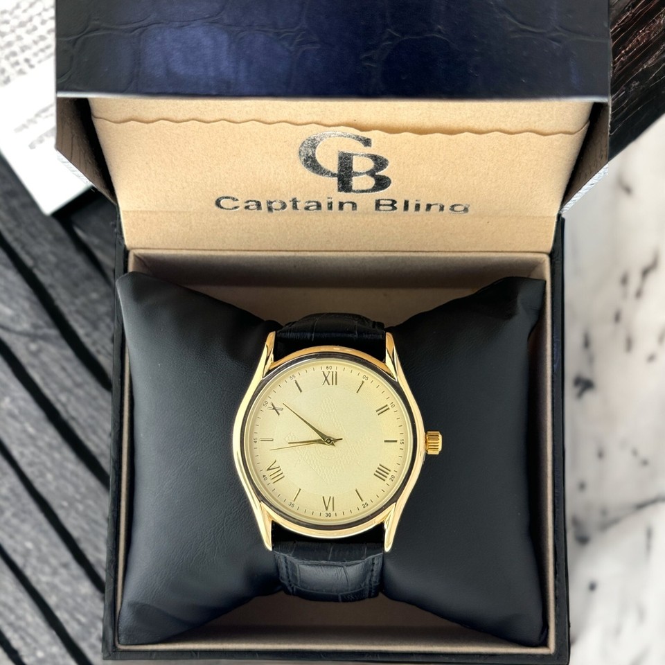 CB Captain Bling Masonic Quartz Watch - Gold Dial with Black Leather ...